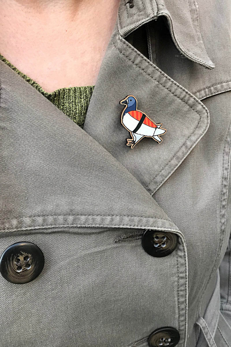 Fred the Pigeon Sushi Coosplay pin badge – Little Green Pigeon Vegan Store